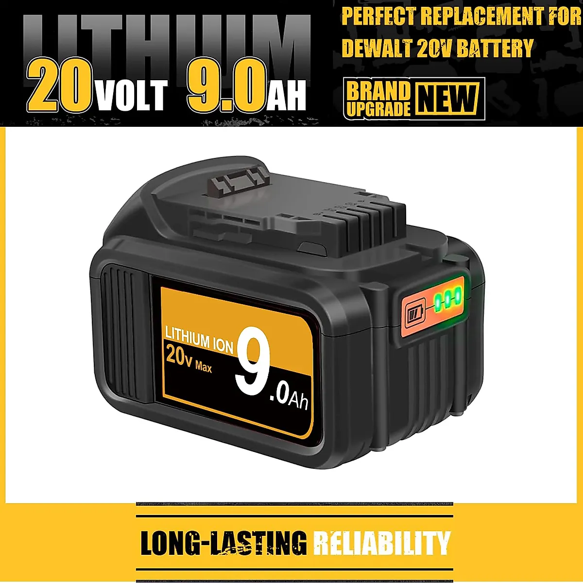 liangjia 2 Packs Upgraded 9.0Ah 20V Max Lithium-ion Replacement Battery Compatible with De-Walt DCB200 Series Cordless Power Tools
