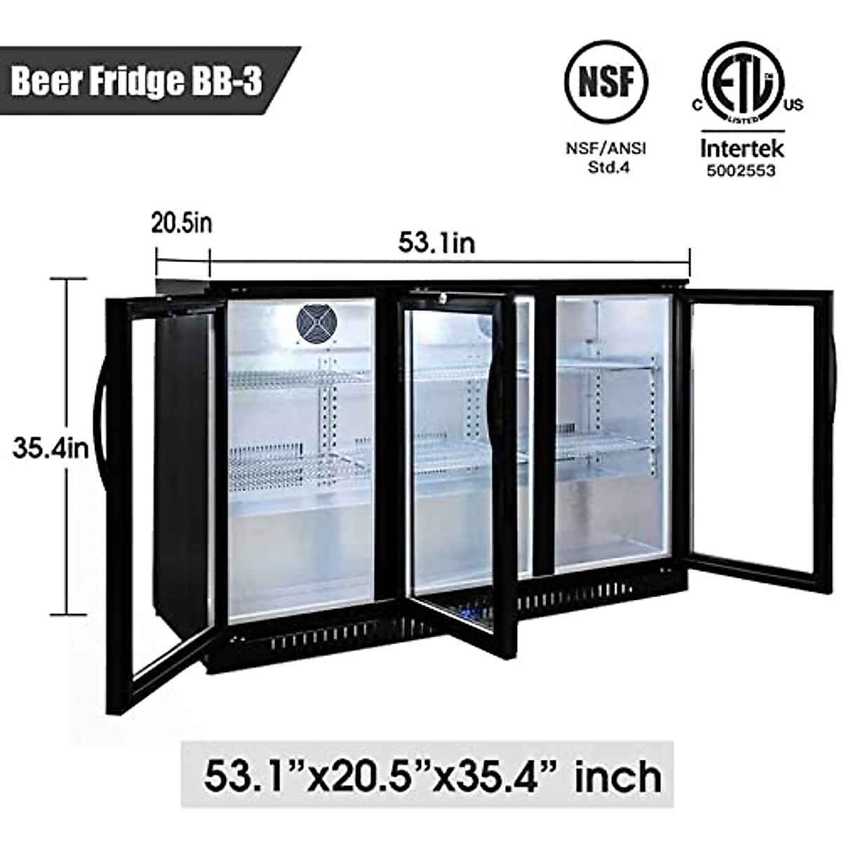 Beer Back Bar Cooler 3 Glass Door (Swing Door) 53" Width Beer Fridge NSF Certified Beverage Refrigerator 11.8 cu.ft Under Counter Height 35°-46°F Black bb3dup