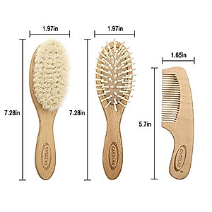 Baby Hair Brush & Comb Set, Organic Wooden Hairbrush Natural Goat Bristles 3-Piece for Newborns & Toddlers, Ideal for Cradle Cap & Itching, Perfect Shower and Registry Gift for Infant, Toddler, Kids