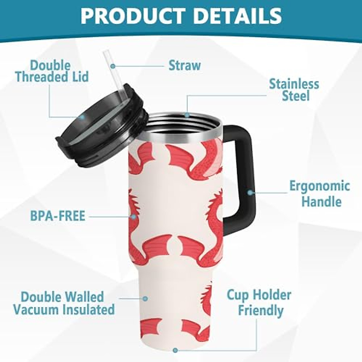 Flradish 30oz Tumbler with Handle, Red Dragon Pattern Stainless Steel Tumbler with Lid and Straws Double Wall Vacuum Insulated Leakproof Coffee Travel Mug