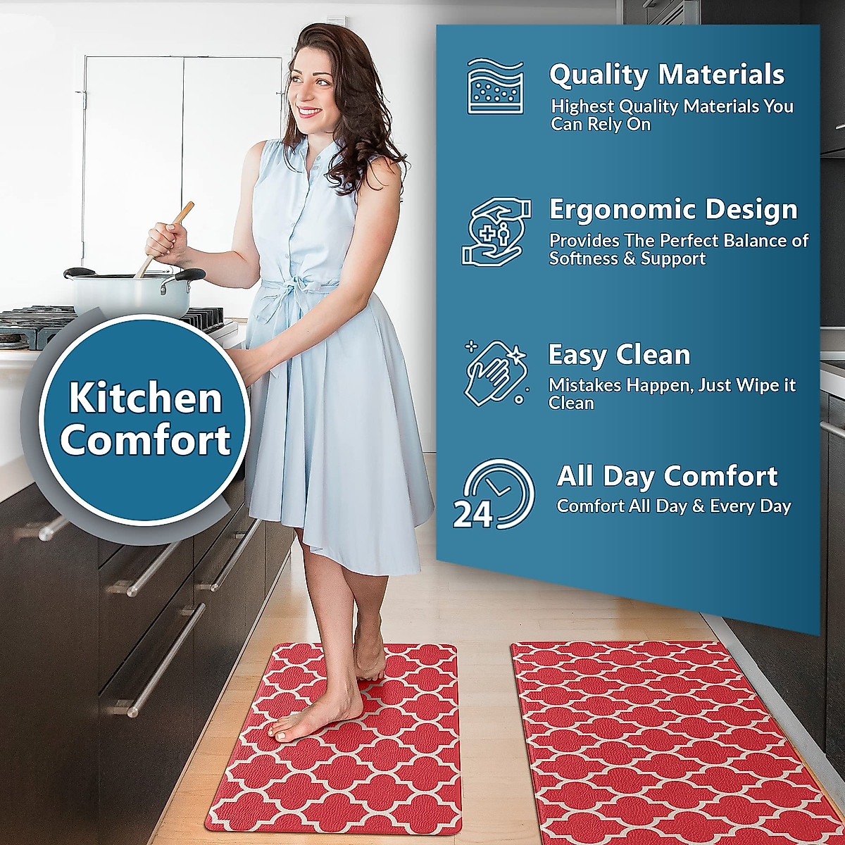 ComfiLife Kitchen Mats for Floor (2 PCs) – Cushioned Anti Fatigue Kitchen Rug for Comfortable Standing – Waterproof, Easy Clean, Non-Slip, Thick Kitchen Mat Set for Home, Office, Sink, Laundry (Red)