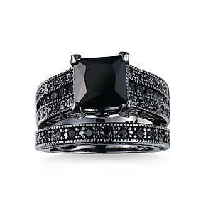 Cute Trendy Jewelry Engagement Black 2-in-1 Silver Womens Wedding Vintage Band Diamond Set Ring Rings Silver Love Ring (Black, One Size)