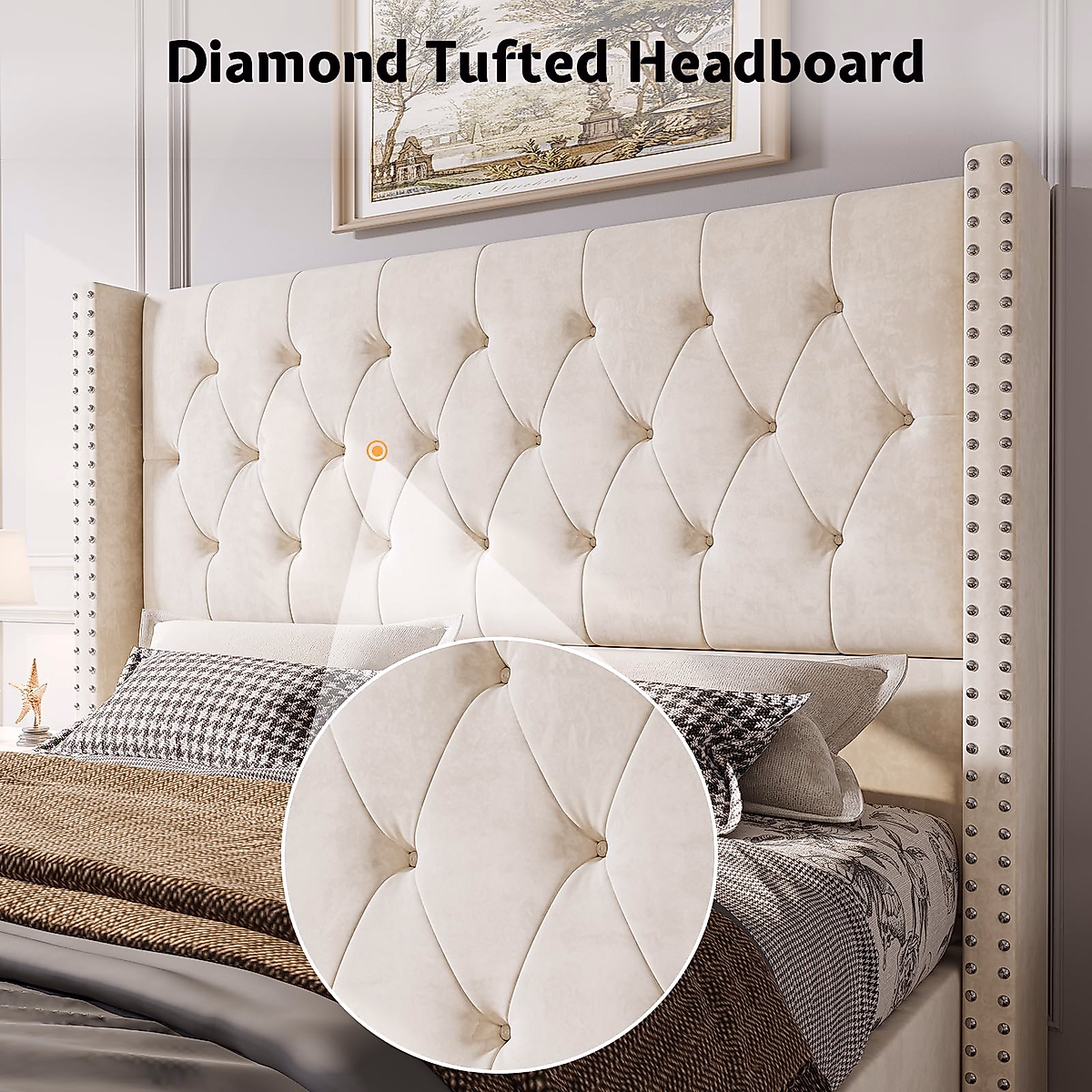 Jocisland Queen Bed Frame Upholstered Bed Wingback Headboard Velvet Tufted Diamond Button/No Box Spring Needed/Easy Assembly/Cream