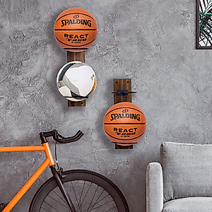 MyGift 4-Ball Rustic Burnt Wood and Round Black Metal Wall Mounted 2-Tier Multi Sports Ball Holder Display Rack for Basketballs, Soccer Balls, Volleyballs, Medicine Balls, Set of 2