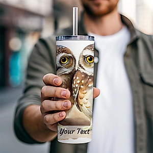 Personalized Custom Name Text Pair Of Burrowing Owls Bird Watercolor Skinny Tumbler 20oz with Straw Insulated Water Bottle Gift - 1 Line Horizontal