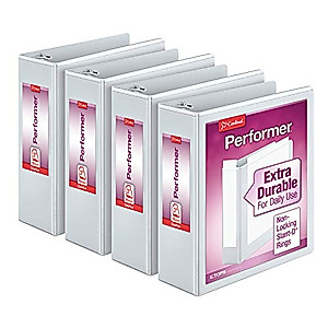 Cardinal Performer 3-Ring Binders, 3", Non-Locking Slant-D Rings, 725-Sheet Capacity, ClearVue Presentation, Non-Stick, PVC-Free, White, 4-Pack (27600)