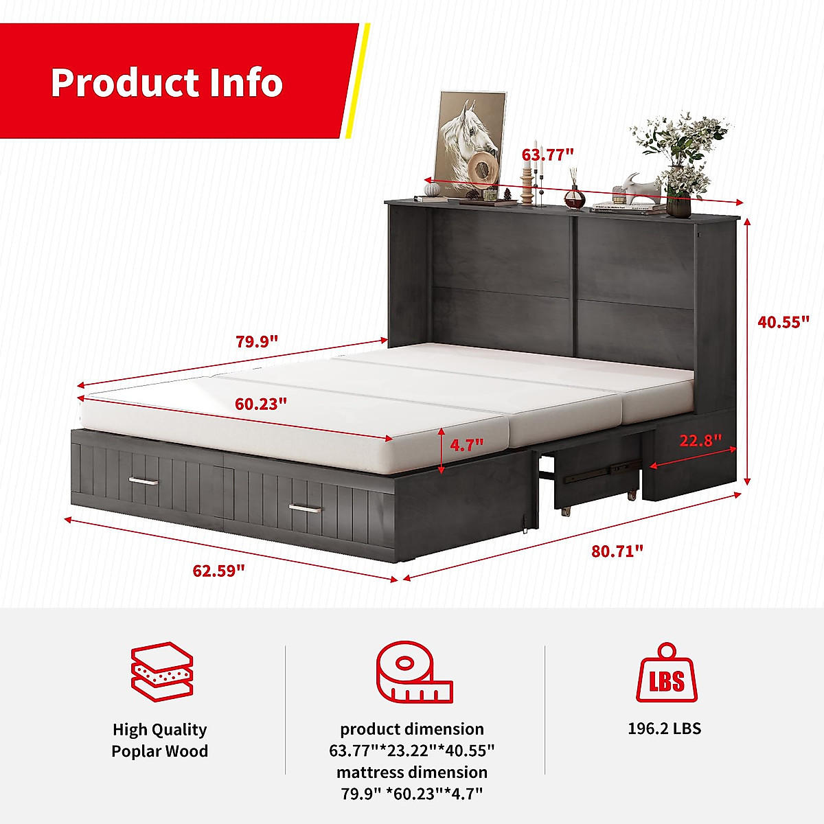 PUREMIND Murphy Bed Cabinet with Built-in Charging Station and Storage Drawer, Solid Wood Cabinet Bed Queen Size with Mattress, Murphy Cube Chest Bed for Guest Room, Home, Office,Gray