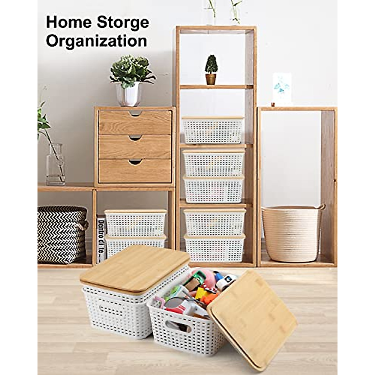 EOENVIVS Set of 6 Storage Baskets With Bamboo Lids, Plastic Storage Bins for Pantry Organization and Storage Containers for Shelves Drawers Desktop Closet Playroom Classroom Office Home, White