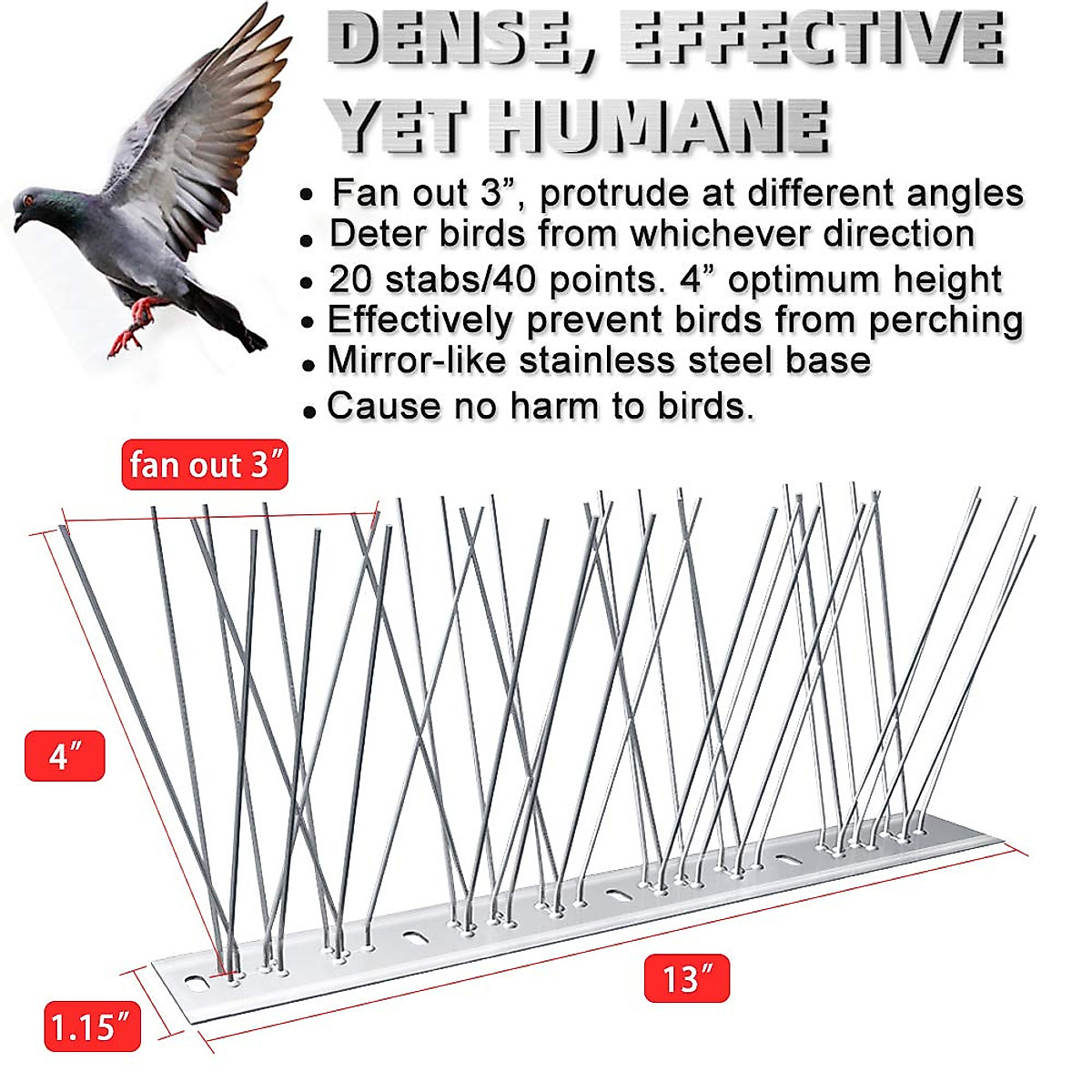 LANNEY Bird Spikes, 10 Strips Stainless Steel Bird Deterrent Pigeon Spikes for Outside to Keep Birds Away, Anti Bird Repellent Spikes Control Kit Cover 10.8 Feet, Unassembled