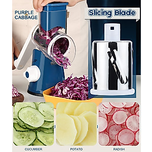 Rotary Cheese Grater Round Mandolin Slicer, Ourokhome Handheld Hashbrown Shredder with 3 Drum Blades, Kitchen Manual Speed Walnut Grinder for Potato, Carrot, Vegetables, Nuts, Zucchini (Dark Blue)