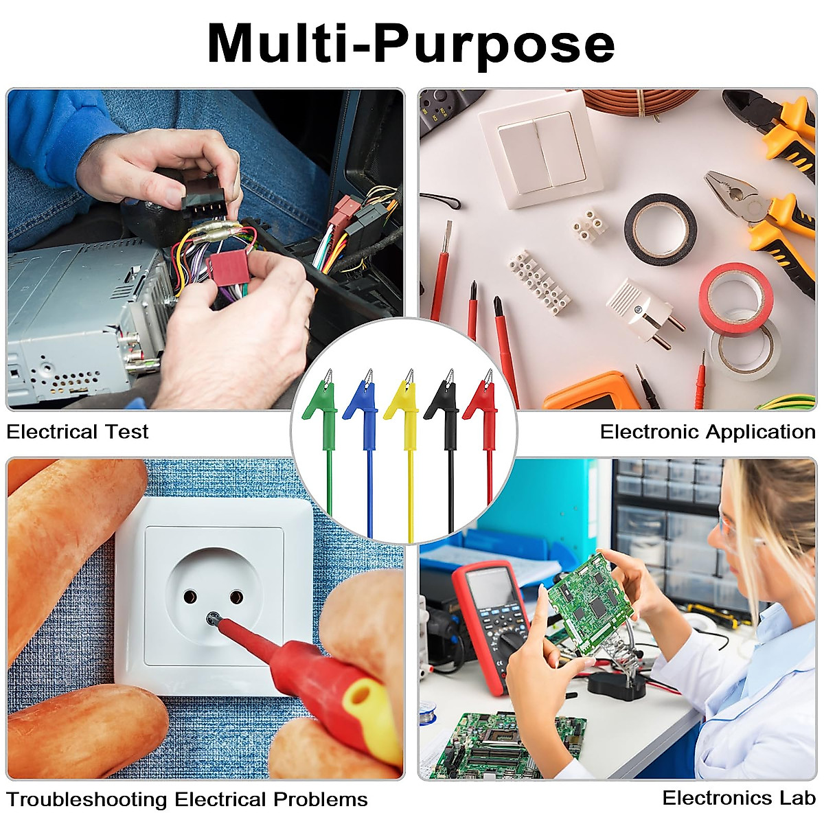 Sumnacon 5 Pcs Dual Ended Crocodile Alligator Clips, 15A Test Lead Wire Cable with Insulators Clips, 5 Colors 3.3 ft/1m Test Flexible Cable with Protective Jack Copper Clamps for Electrical Testing