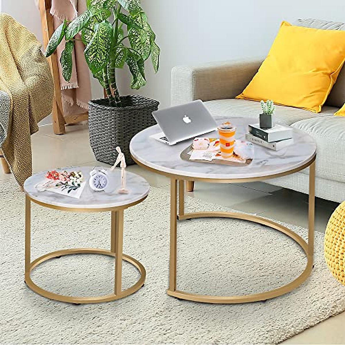 Garden 4 you White Marble Nesting Coffee Table for Small Place 2 Sets Modern Furniture Living Room Sets End Side Table Night Stand for Bed Room Dining Room
