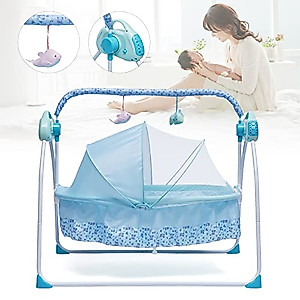 LOYALHEARTDY Baby Cradle Swing 5 Speed Electric Stand Crib Auto Rocking Chair Bed with Remote Control Infant Musical Sleeping Basket for 0-18 Months Newborn Babies, Mosquito Net+Mat+Pillow (Blue)