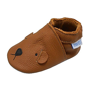 YIHAKIDS Baby Leather Shoes First Walking Moccasins Infants Boys Girls Soft Sole Toddler Crawling Slippers Dog(Brown,6-12 Months,sole length 5.1in)