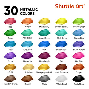 Shuttle Art 30 Colors Metallic Acrylic Paint, Metallic Acrylic Paint with 10 Brushes and 1 Palette, 60ml/2oz, Rich Pigments, Non-Toxic Art Paint for Artists, Beginners on Rocks Canvas Wood Fabric