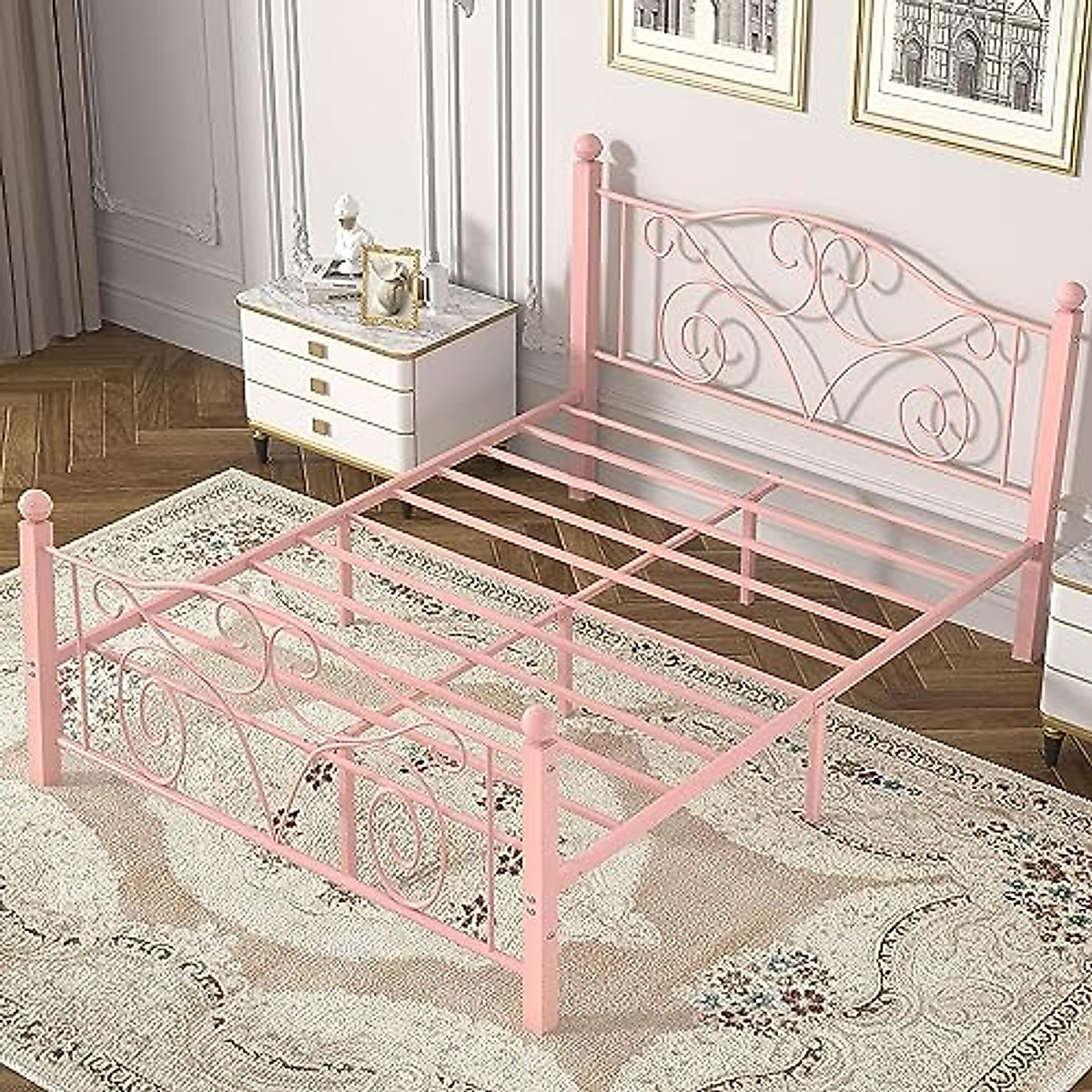 VECELO Full Size Bed Frame with Headboard and Footboard, Heavy Duty Metal Slat Support, Platform Mattress Foundation, No Box Spring Needed, Easy Assembly, Pink