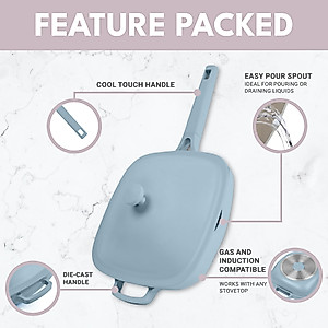 Sliq Nonstick Ceramic Saute Pan with Steamer, Non Toxic Deep Frying Pan, 11 Inch Dishwasher Safe, Replaces All Pans in One, PFOA and PTFE Free, 4 qt, Blue Mist