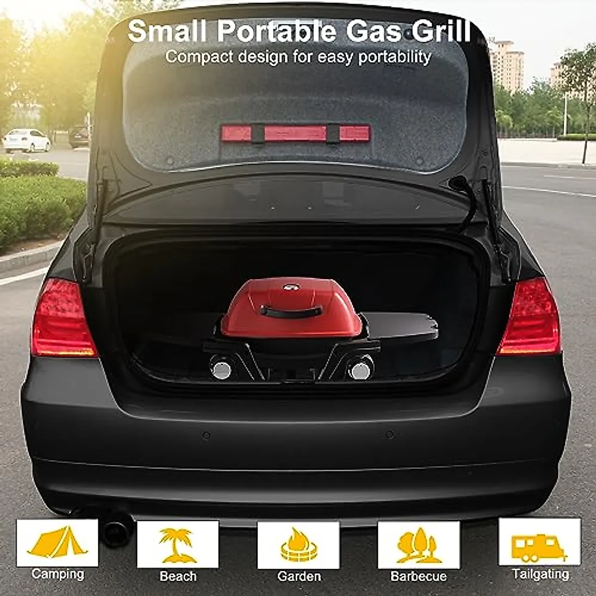 Portable Propane Gas Grill, 2-Burner Portable Gas Grill Small Tabletop Gas Grill, 24000BTU BBQ Outdoor Griddle Gas Grill with Removable Side Tables, Thermometer, Regulator, Gas Hose, Red