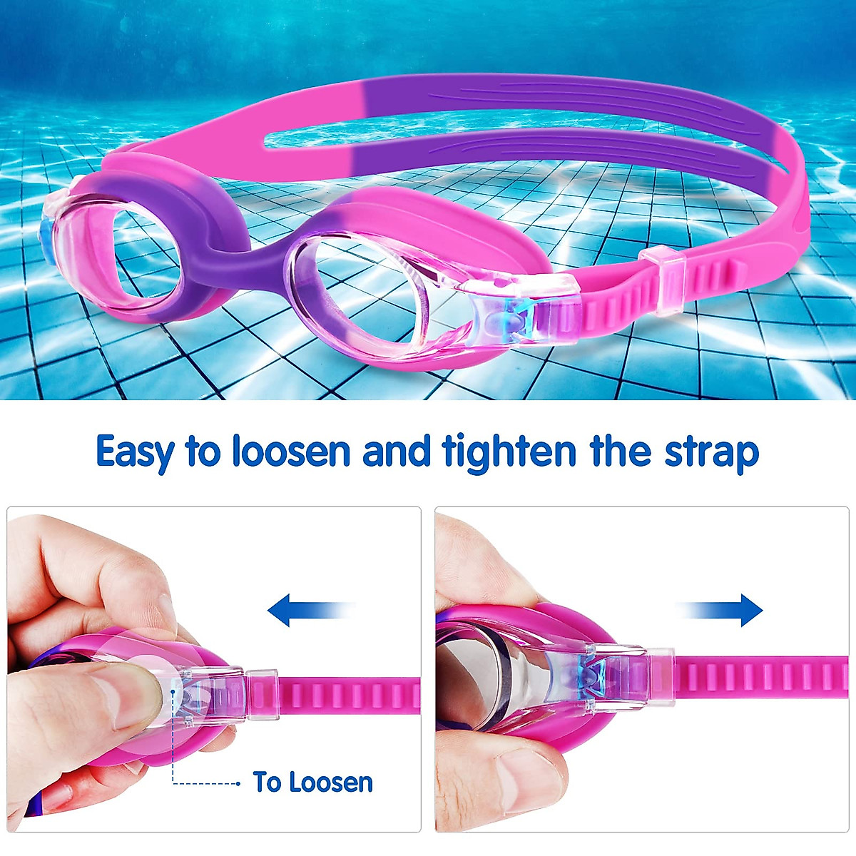 Starweh Kids Swim Goggles, 2 Pack Portable Swimming Goggles No Leaking Anti Fog Kids Goggles for Boys Girls(Age 6-14), Blue & Purple Pink