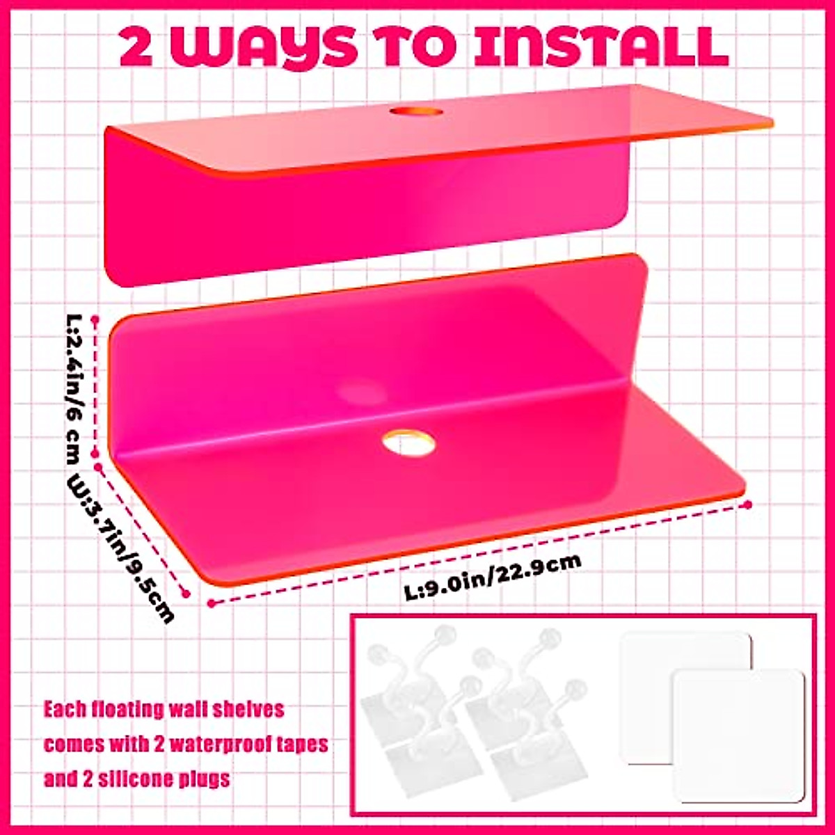 Floating Wall Shelves 9 Inch Acrylic Small Wall Shelf Hanging Shelves Adhesive Shelf Screwless Display Shelf with Cable Clips and Stickers for Bathroom, Bedroom, Office (Fluorescent Pink, 4 Pcs)