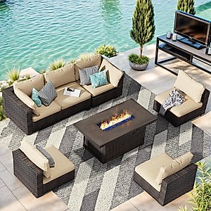 Grezone Patio Furniture Sets 7 Pieces with Fire Pit Table Patio Sectional Outdoor Furniture Patio Sofa Chairs Set PE Rattan Wicker Couch Conversation Set with No-Slip Cushions Waterproof Covers Beige