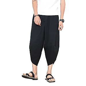 INVACHI Men's Linen Harem Capri Pants Lightweight Elastic Waist Casual Baggy Pants Beach Yoga Trousers J-black