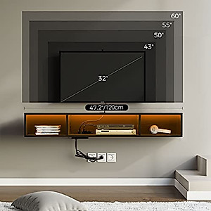 Rolanstar TV Stand with Power Outlet, Floating TV Stand with RGB Lights, 47.2" Wall Mounted TV Shelf, Black Media Console with Storage Shelf, Entertainment Shelf Under TV for Living Room, Bedroom