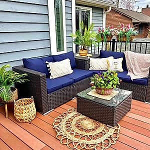 PHI VILLA 5 Pieces Patio Furniture Outdoor Wicker Sofa Set with 2 Loveseat Patio Conversation Sets w/Coffee Table, Storage Box 45Inch Propane Gas Fire Pit