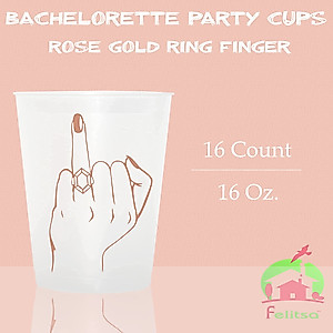 Bachelorette Party Cups - Rose Gold Ring Finger Cups, 16 Count, 16 Oz. - Bridal Shower, Engagement Party Decoration and Bride To Be Gift