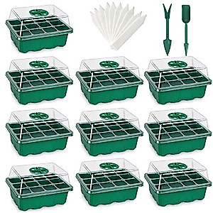 UWIOFF Seed Starter Tray, 10-Pack 120 Cells Seedling Starter Trays, Humidity Adjustable Seed Tray Kit with Dome and Base Greenhouse Grow Trays Mini Propagator for Seeds Growing Starting