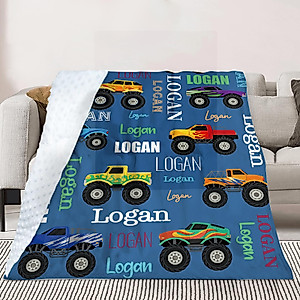 Custom Name Blanket - Personalized Flannel Bed Blanket with Double Layer Dotted Backing - Car Monster Truck Tractor Excavator Train with Multi-Fonts Name Design for Baby Kids Boys Girls Gifts Color08