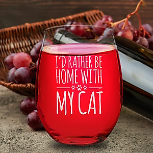 Veracco I'd Rather Be Home With My Cat Stemless Wine Glass Funny Birthday For Cat Mom Crazy Cat Lady Animal Lover Rescue Mom (Clear, Glass)