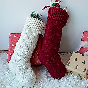 ROSFORU Knit Christmas Stockings, 4 Pack Large Size Candy Gift Bag Personalized Decoration Weave Xmas Socks, Classic Style（Ivory White, Green, Gray, Burgundy）