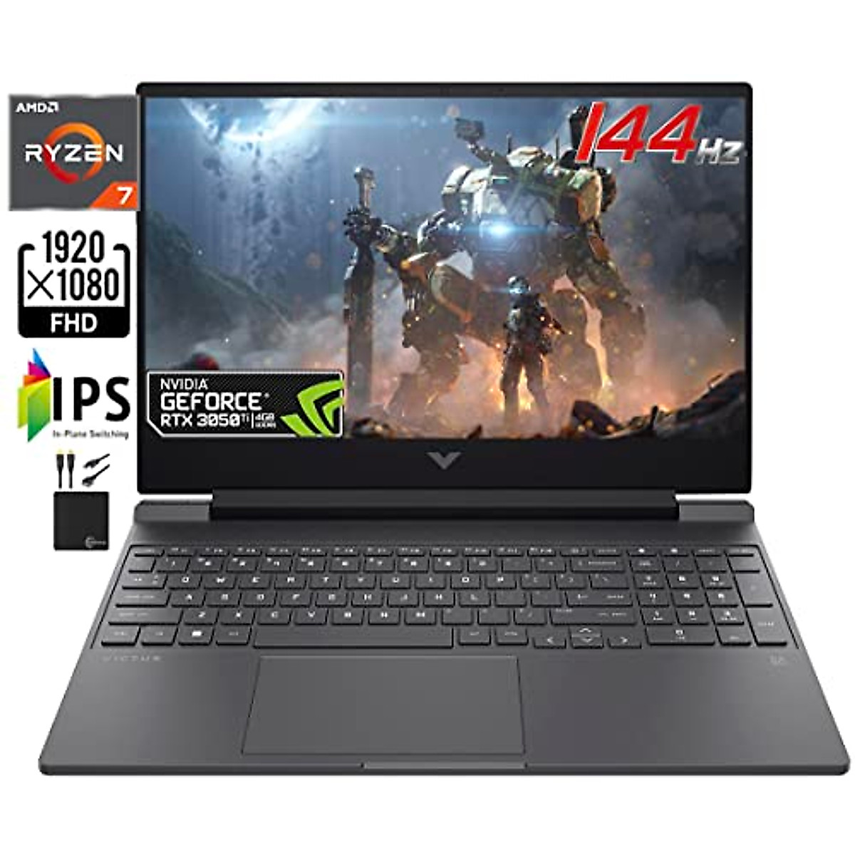HP 2022 Newest Victus 15.6" FHD IPS 144Hz Gaming Laptop, 8-Core AMD Ryzen 7 5800H (Upto 4.4GHz), NVIDIA GeForce RTX 3050 Ti, 32GB RAM, 1TB PCIe SSD, Backlit KB,HD Webcam, WiFi 6, Win 11+MarxsolCable