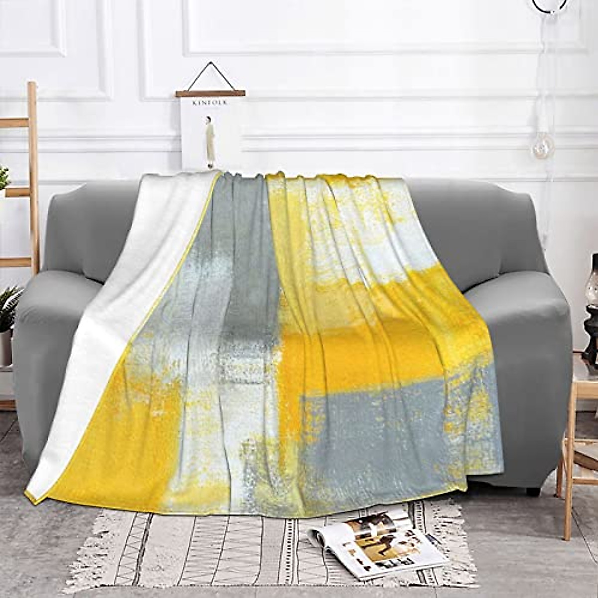 Yellow Grey Abstract Soft Flannel Fleece Blanket Breathable Throw Blanket Halloween Chirstmas Days Rustic Cozy Blanket for Couch Sofa Bed Living Room Suitable for All Season 50x60 inch