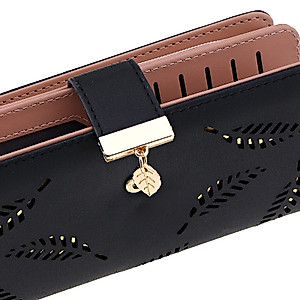 Create idea Black Women Long Leaf Bifold Wallet Purse Clutch Card Holder Synthetic Material Leaf-shaped Metal Pendant Purse