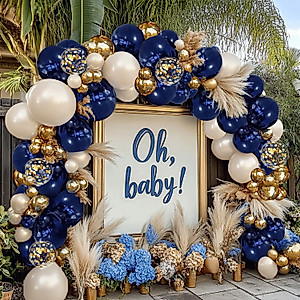 Navy Blue Gold Balloon Graland Arch Kit, Double Stuffed Pearl White Royal Blue Chrome Gold with Confetti Balloons for Graduation Birthday Wedding Baby Shower Party Decorations