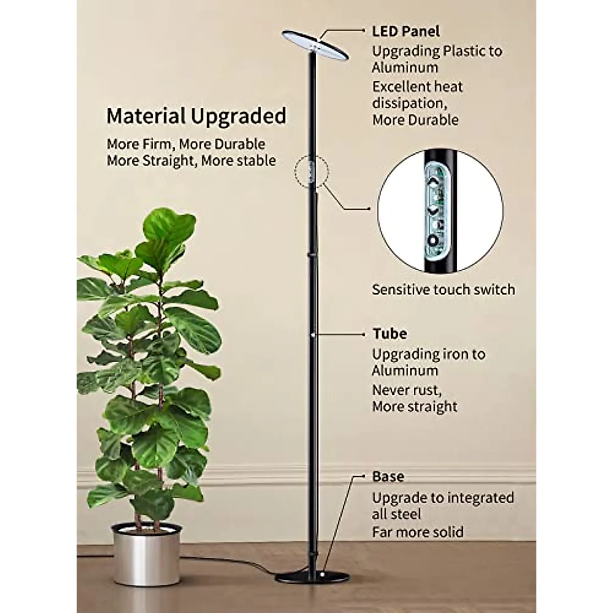 chiphy Floor Lamp, All Metal Standing Lamp, 40W/2600LM Dimmable Grow Light, Eye Protection Natural Sunlight, 69" Heights Adjustable Tall Lamp for Living Room,Bedroom,Reading,Piano,Sofa