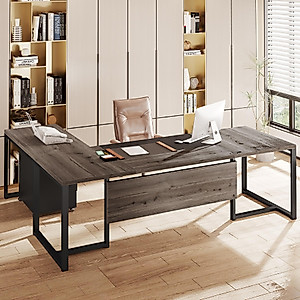 Tribesigns 70.8" L-Shaped Executive Desk with Drawer Cabinet, Large Executive Office Desk with Separate File Cabinet, Home Office Desk Workstation Business Furniture Set, Retro Gray