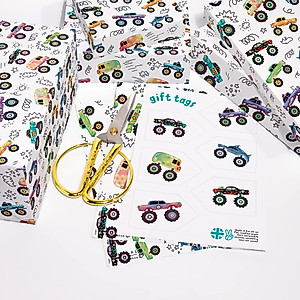 CENTRAL 23 Boy Birthday Wrapping Paper - Monster Trucks - 6 Sheets Birthday Gift Wrap - For Son Grandson Nephew - For Holiday Christmas - Comes With Stickers