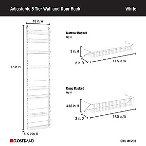 ClosetMaid Adjustable Organizer Rack with Baskets Wall or Over Door Mount, for Kitchen, Pantry, Utility Room, Closet, 18 in. W, White Finish, Inch