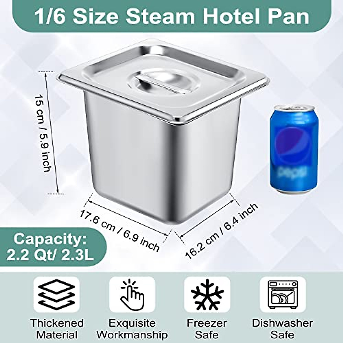 8 Pack Stainless Steam Hotel Pan 6 Deep Steam Table Pan with Lid 0.8 mm Thick Stainless Steel Steam Pan Restaurant Anti Clogging Steamer for Party, Restaurant, Hotel (1/6 Size)