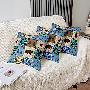 Erosebridal Hunting Animal Throw Pillow Cover 18x18 inch,Woodland Bear Deer Pillow Cover for Boys Kids,Camouflage Arrow Cushion Cover,Jungle Plants Patchwork Accent Pillow Case Waterproof,Blue Brown