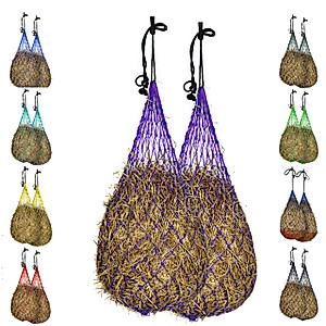 Majestic Ally 2 pcs Slow Feed 56” Hay Net with Soft 3"x3" Holes for Horses & Livestock, Nylon Rope Hanging, Simulates Grazing, Reduce Waste (Purple)