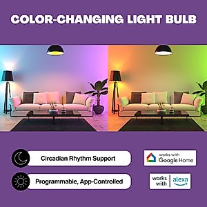 NorbSMART Smart Light Bulb LED - Color Changing Light Bulbs, Tunable Day and Night Spectra, Works with Alexa, Echo & Google Home Assistant, 9W, A19, E26, Dimmable, No Hub Required, Multicolor, 1-Pack