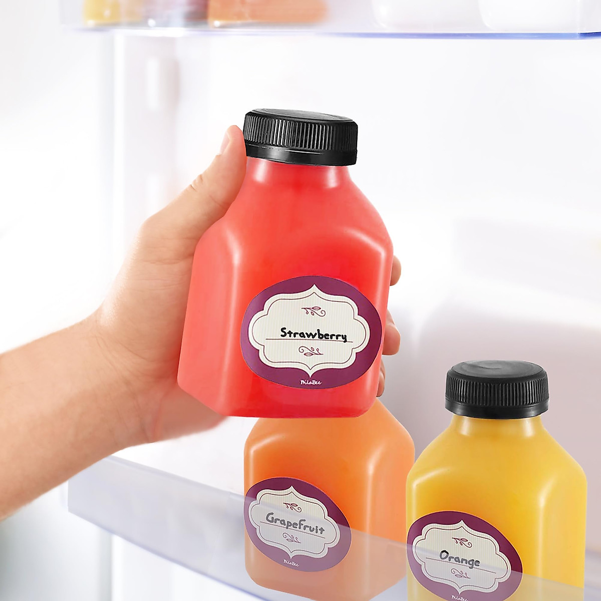 DilaBee Plastic Juice Bottles with Caps - 12 Pack 8oz Small Reusable Water Bottles with Lids for Juicing - Clear Mini Drink Containers for Fridge with Black Tamper Evident Seal