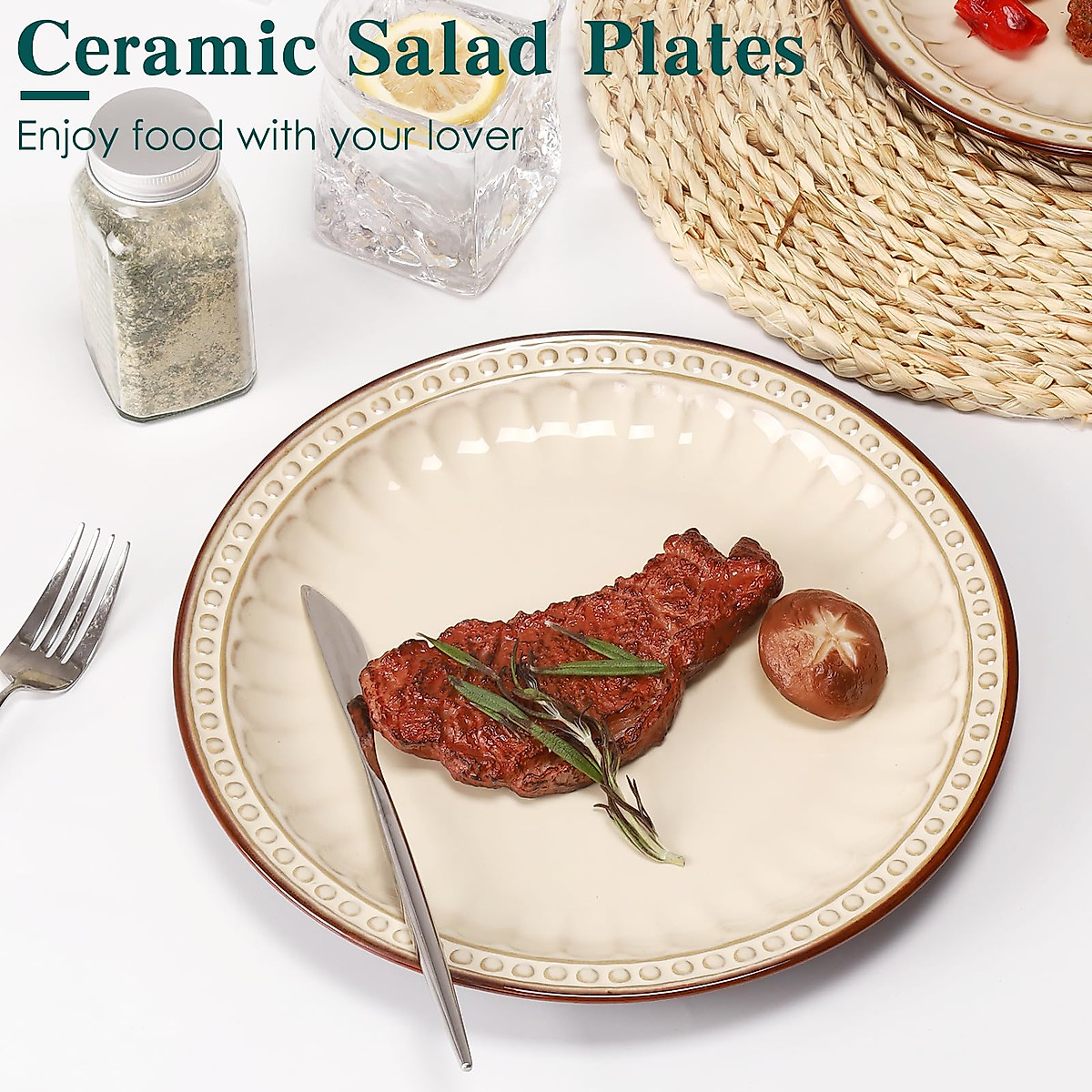 Yonune Eanoni Ceramic Dinner Plates Set of 6, 11 inch Large Stoneware Luxury Dishes for Kitchen Dinnerware Salad Dessert Gifts, Microwave Oven Dishwasher Safe, Scratch Resistant Cream Beige