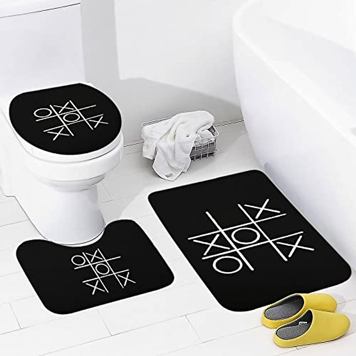 Tic Tac Toe Noughts and Crosses Board Bathroom Rugs and Mats Sets 3 Piece Combination Non-Slip Mat Coral Velvet Toilet Lid Cover Washable 15.7"x23.6"