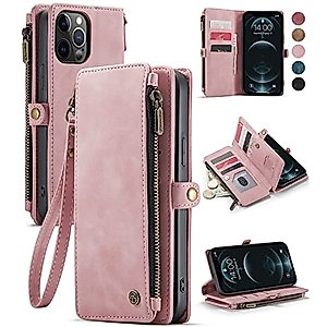 Defencase for iPhone 12 Pro Max Case Wallet for Women, Durable PU Leather Magnetic Flip Lanyard Strap Wristlet Zipper Card Holder Phone Cases, Rose Pink