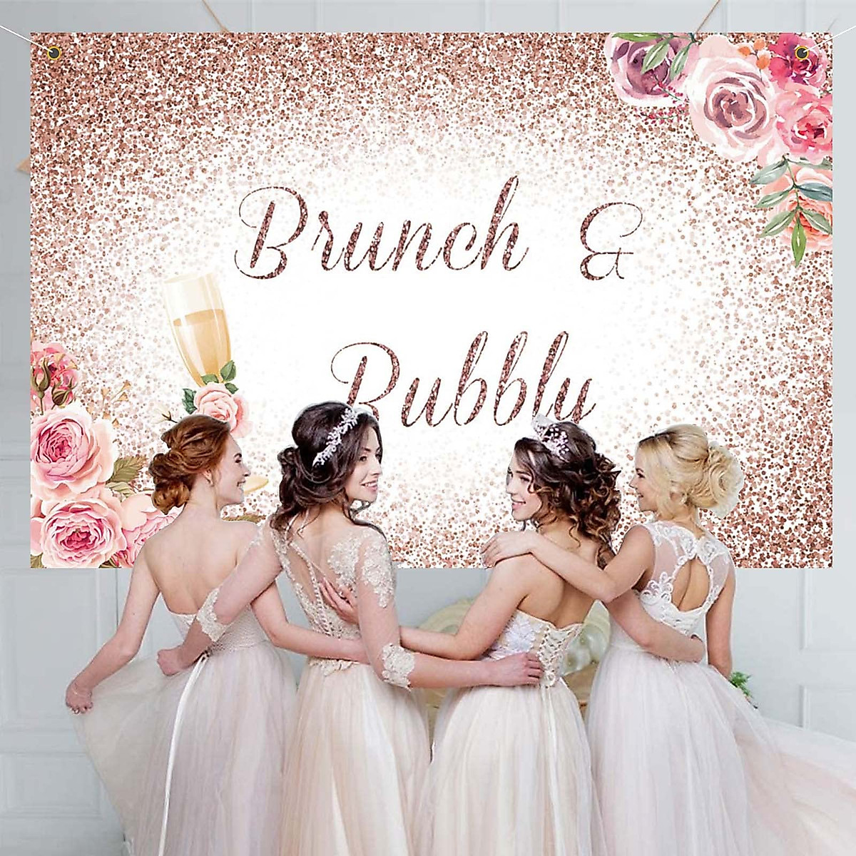 P.G Collin Brunch & Bubbly Floral Glitter Banner Backdrop Sign Bridal Wedding Shower Bachelorette Party Decorations Supplies for Women 6 x 4ft Rose Gold…,Rose Gold